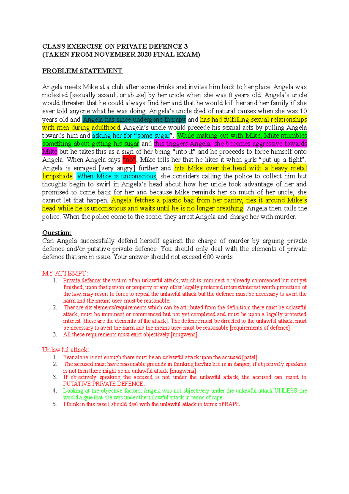 Class Exercise ON Private Defence 3 - CLASS EXERCISE ON PRIVATE DEFENCE 3 (TAKEN FROM NOVEMBER ...