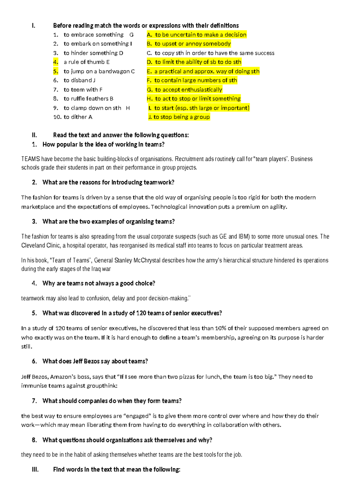 Team spirit - exercises - done - I. Before reading match the words or ...