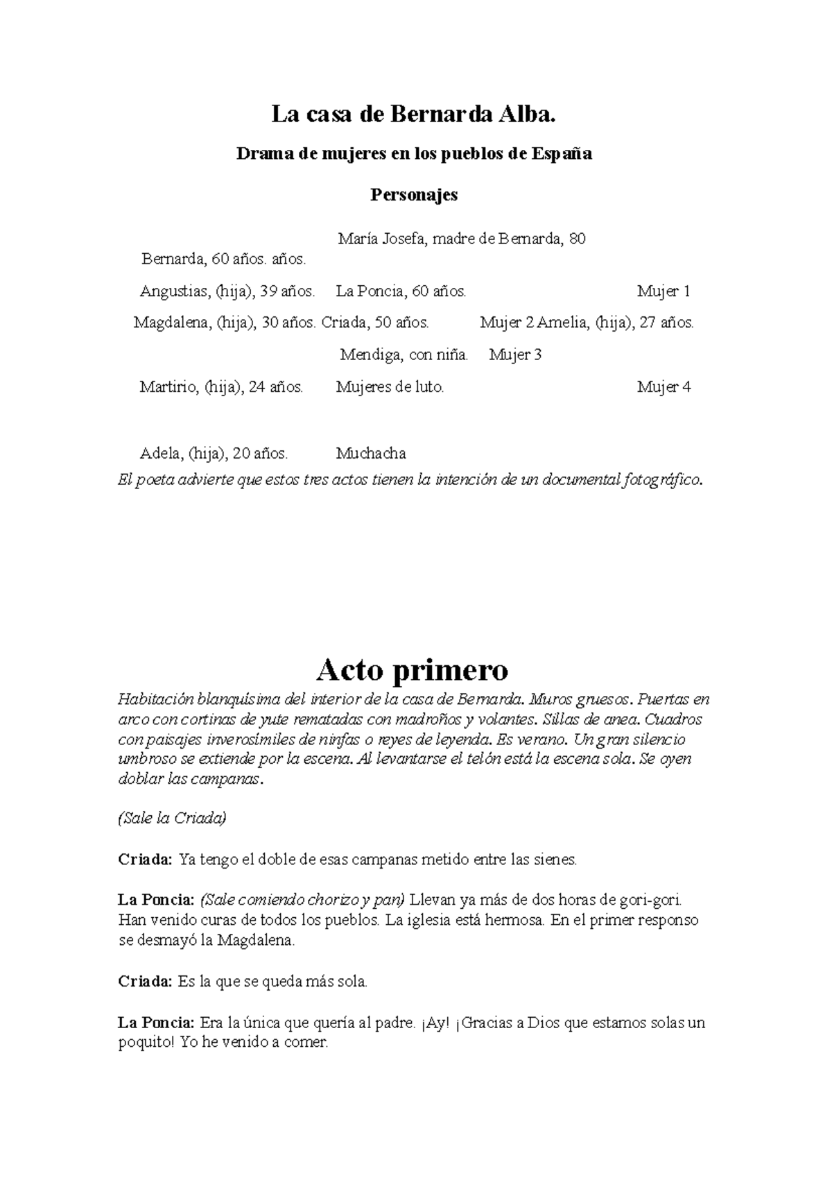 La casa de Bernarda Alba Libro Entero - La casa de Bernarda Alba. Drama ...