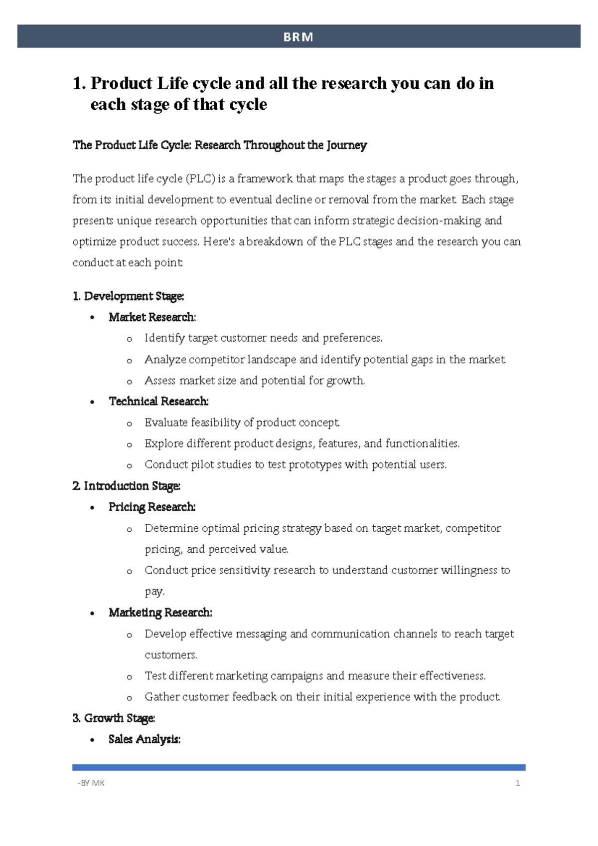 BRM - 1. Product Life cycle and all the research you can do in each ...
