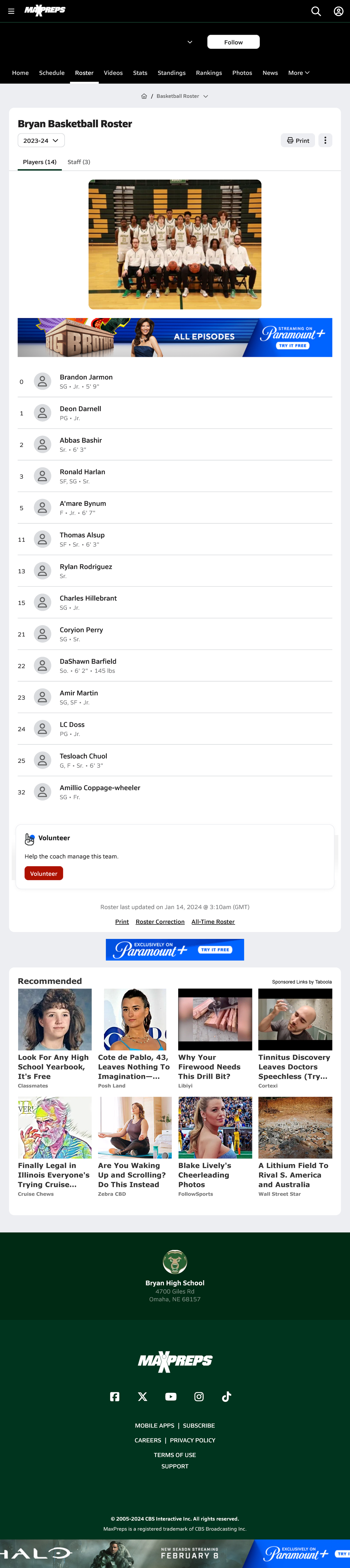 Roster - Bryan Bears (Omaha, NE) Varsity Basketball 23-24 - / Bryan ...