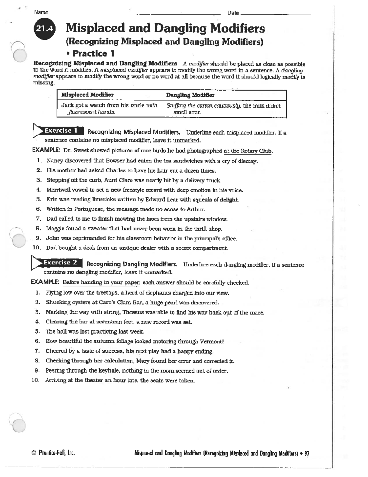 Misplaceand Dangling Modifier Practice - Studocu