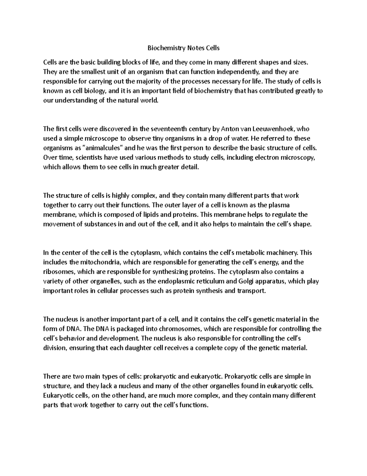 Biochemistry Notes Cells - Biochemistry Notes Cells Cells are the basic ...