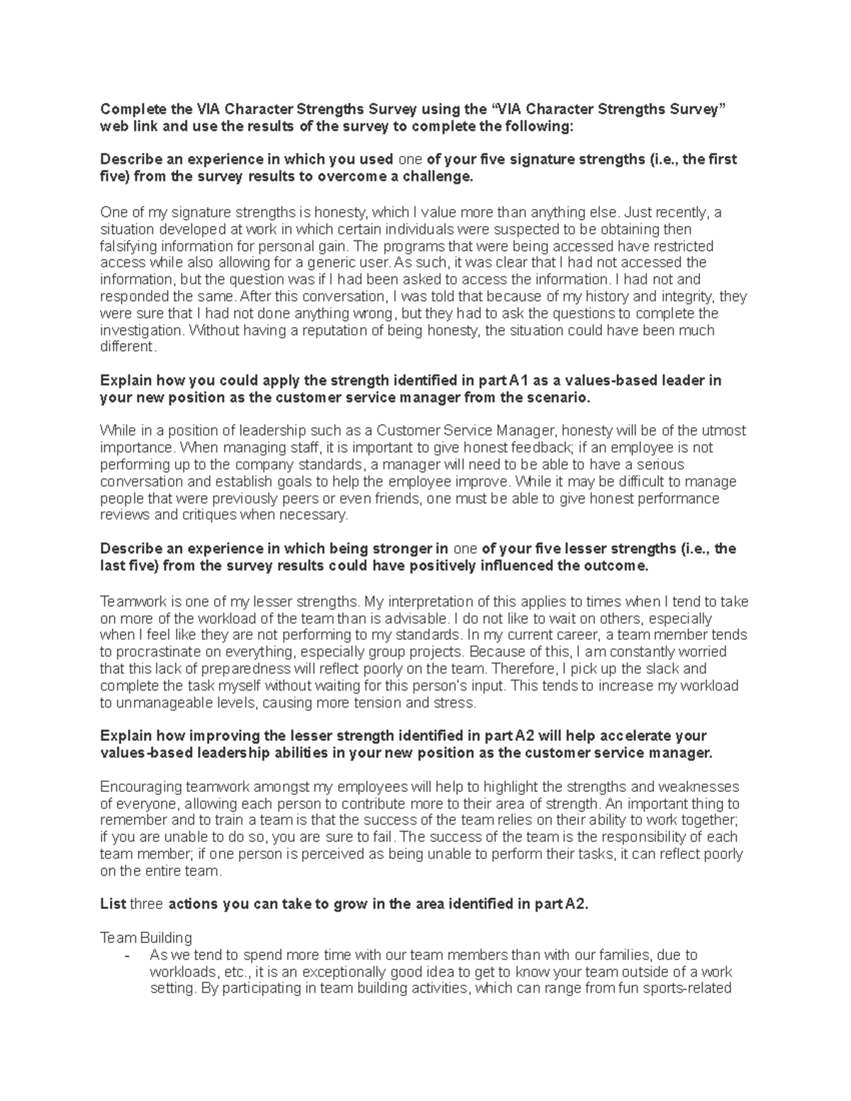 Task 1 - Task 1 - Complete the VIA Character Strengths Survey using the ...