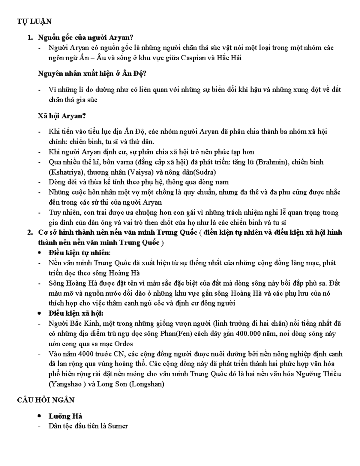 Ôn TL và CHN - tu luan cau hoi ngan - TỰ LUẬN Nguồn gốc của người Aryan ...