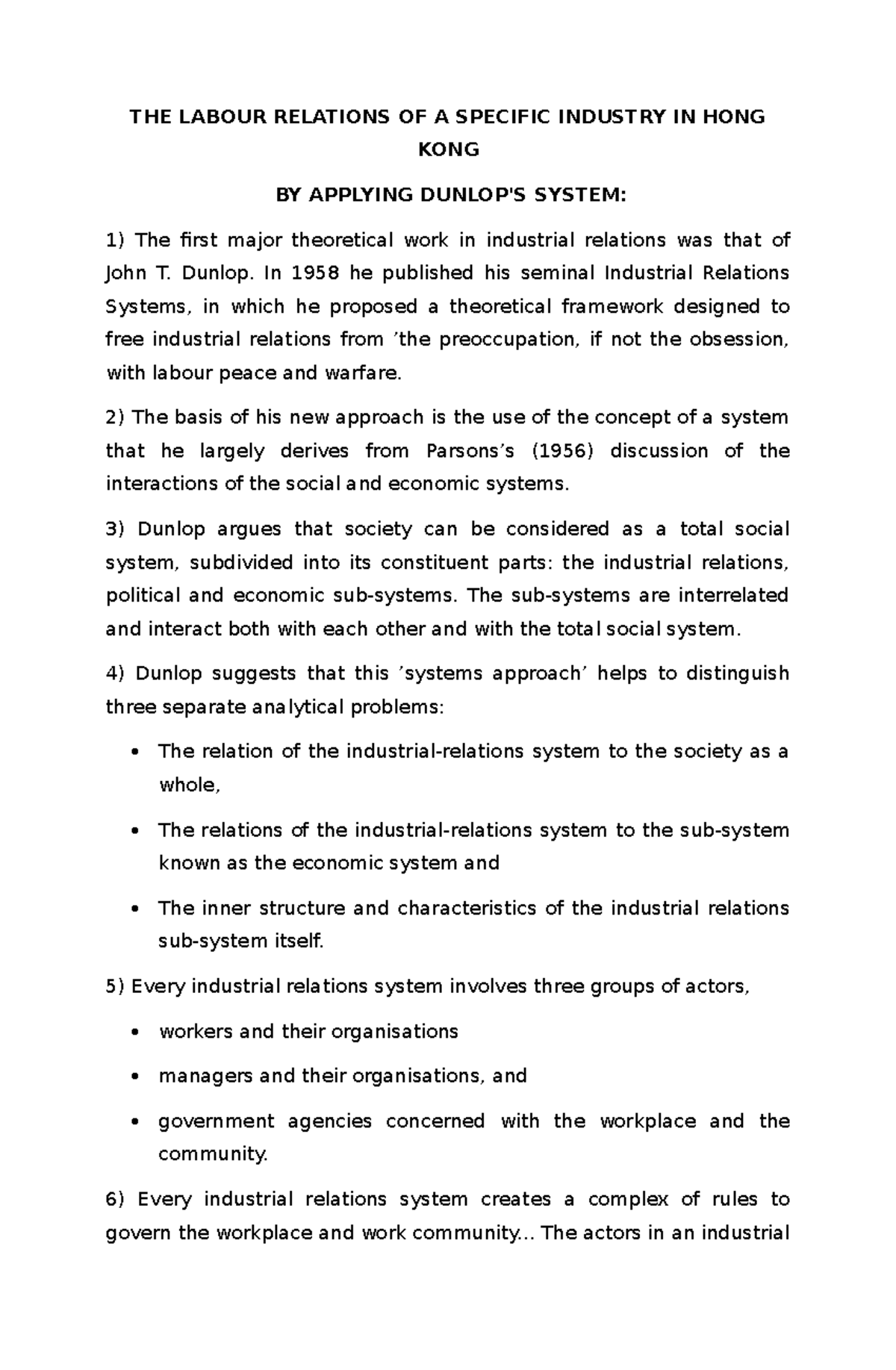 The labour relations of a specific industry in Hong Kong by applying ...