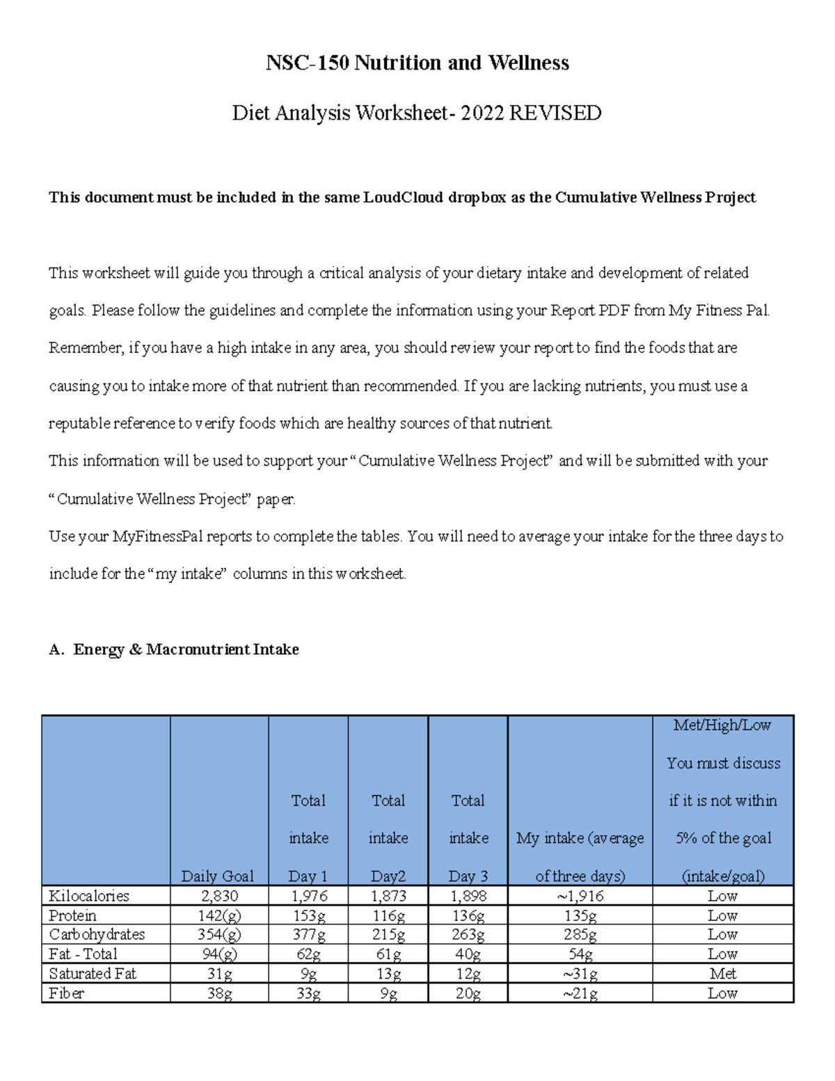 Part4-Diet Analysis Worksheet 2022 - NSC-150 Nutrition and Wellness ...