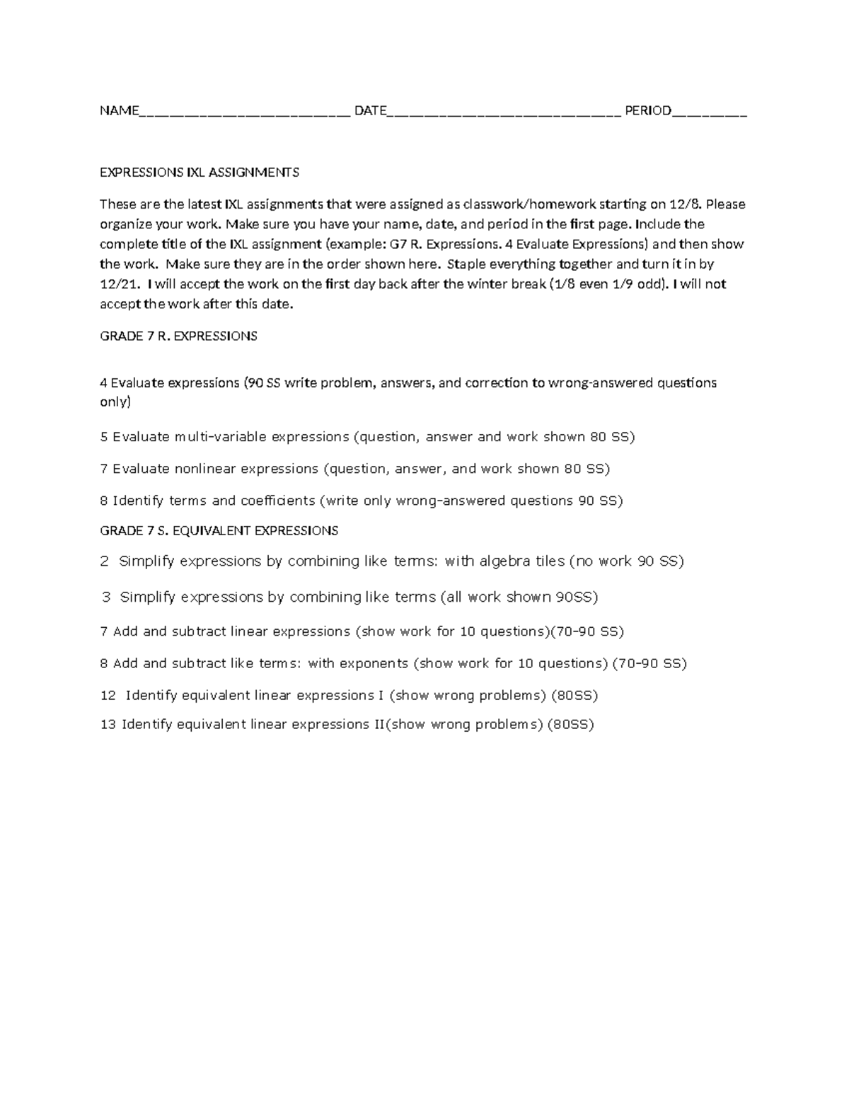 Expressions - IXL Assignments 5 - NAME ...