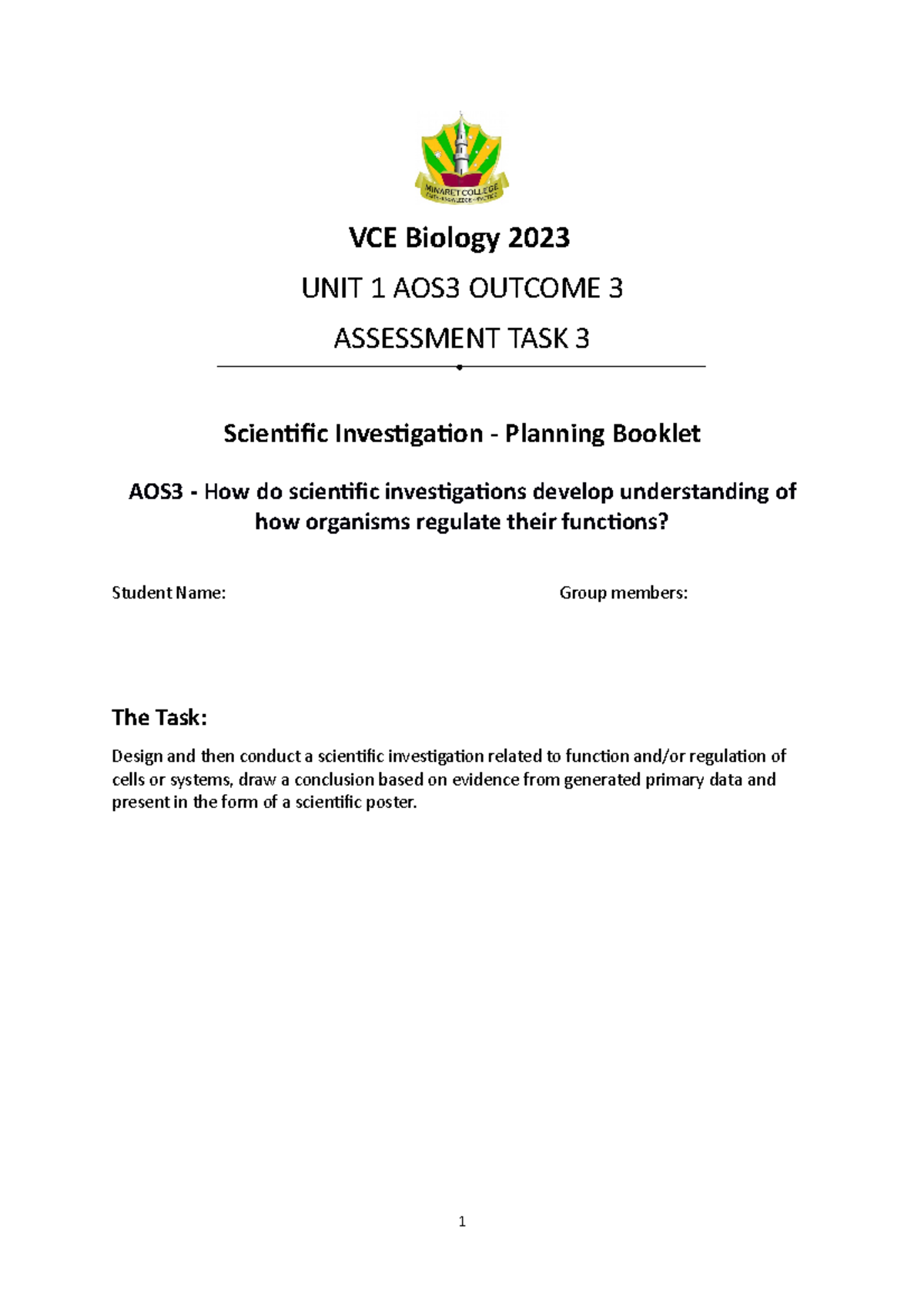 Unit 1 AOS3 Assessment Task 3 Booklet 2023 - VCE Biology 2023 UNIT 1 ...