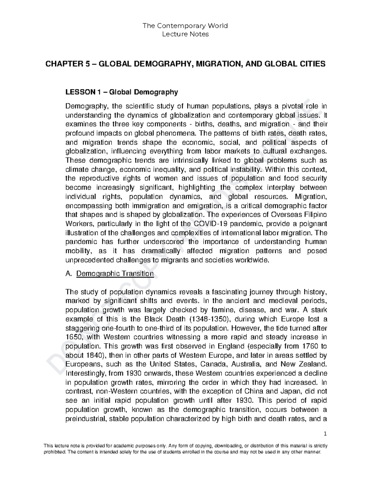 Chapter 5 Global Demography Migrations Global Cities - Lecture Notes 1 ...