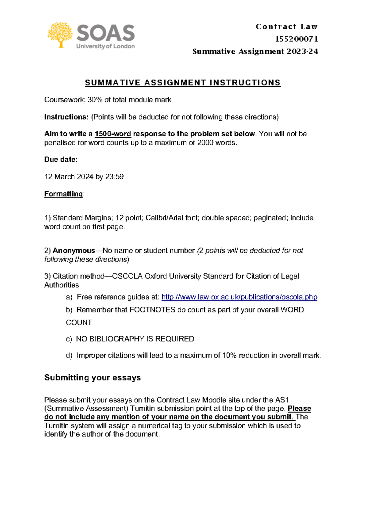 Summative Assessment 2024 - C o n t r a c t L a w 155200071 Summative ...