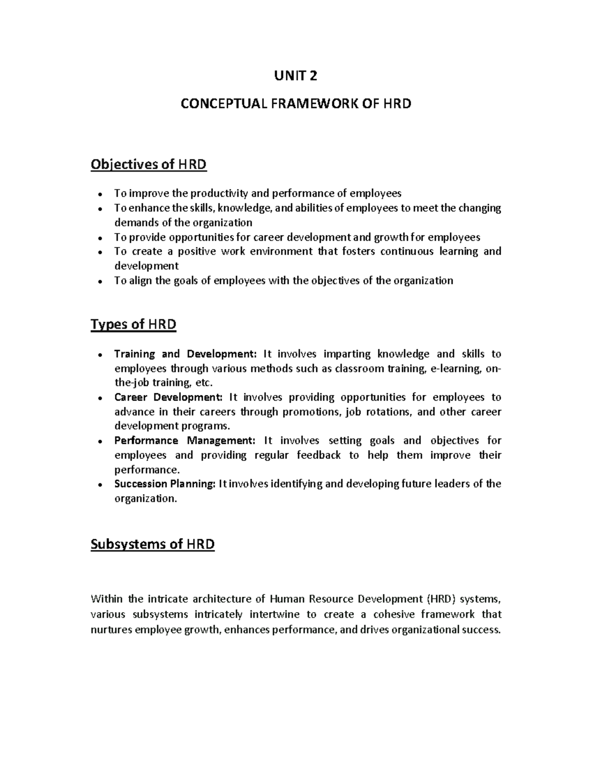 UNIT 2 HRD - Notes - UNIT 2 CONCEPTUAL FRAMEWORK OF HRD Objectives of ...