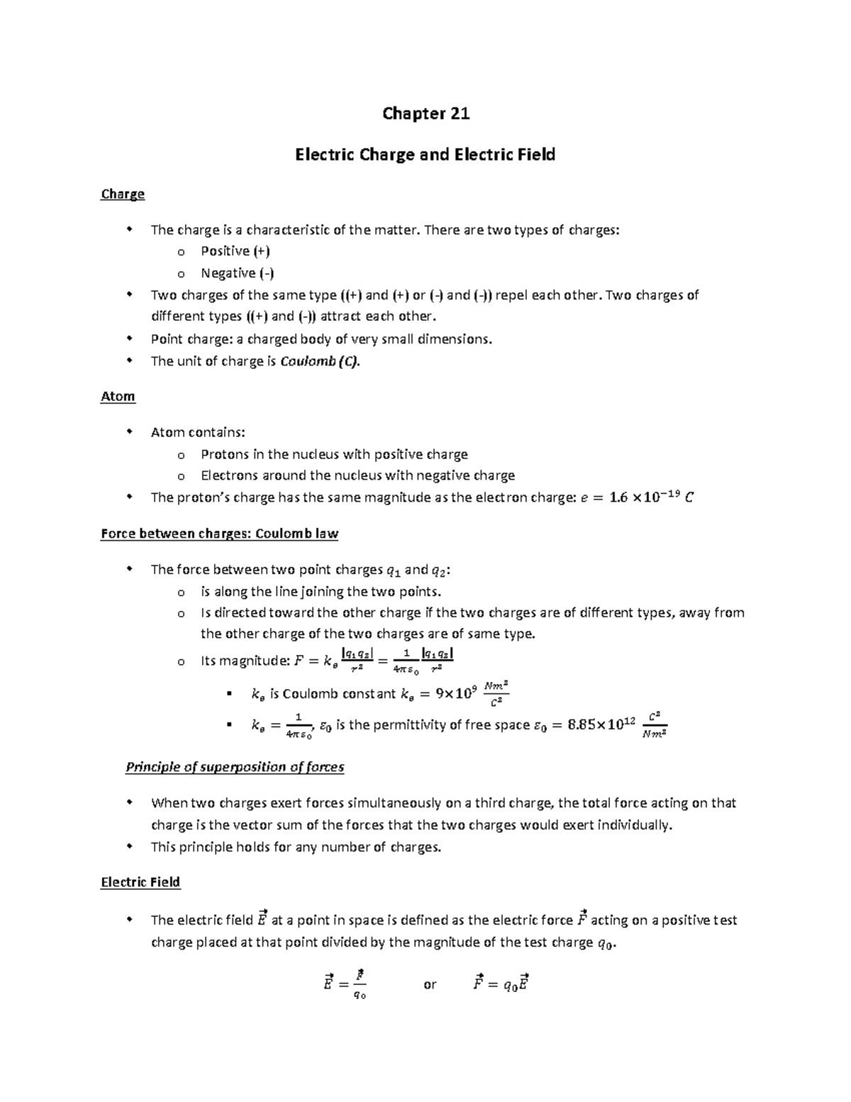 Summary 21-29 - Equations - Chapter 21 Electric Charge and Electric ...