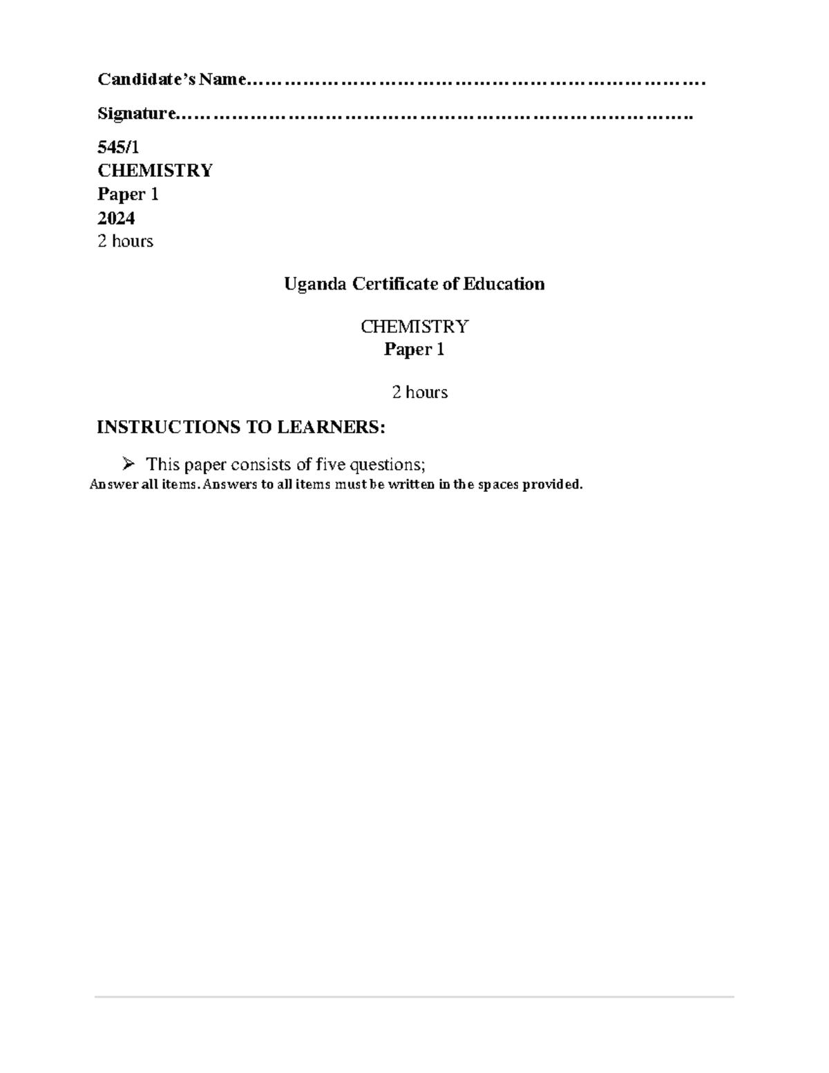 Shapta- Chemistry-UCE-2024-3 - Candidate’s - Studocu