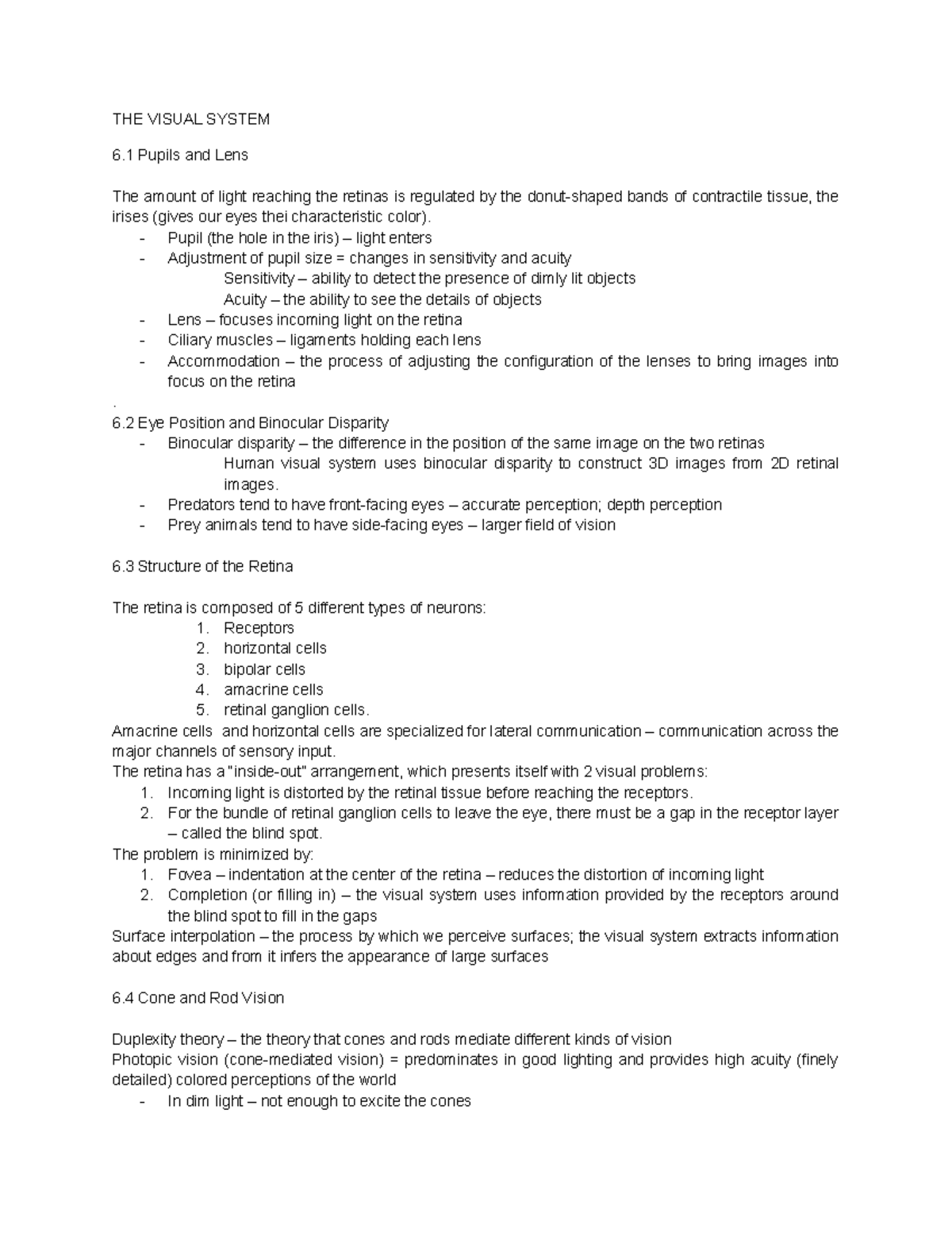 Visual - BIOSPSYCHOLOGY - THE VISUAL SYSTEM 6 Pupils and Lens The ...