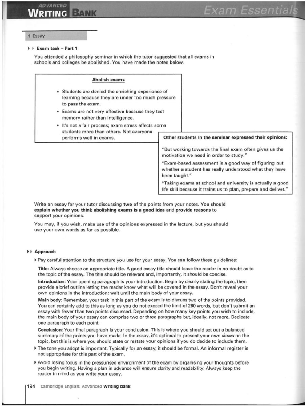 Writing C1 - ADVANCED WRITING BANK Exam Essentials 1 Essay Exam task Part 1 You attended a - Studocu