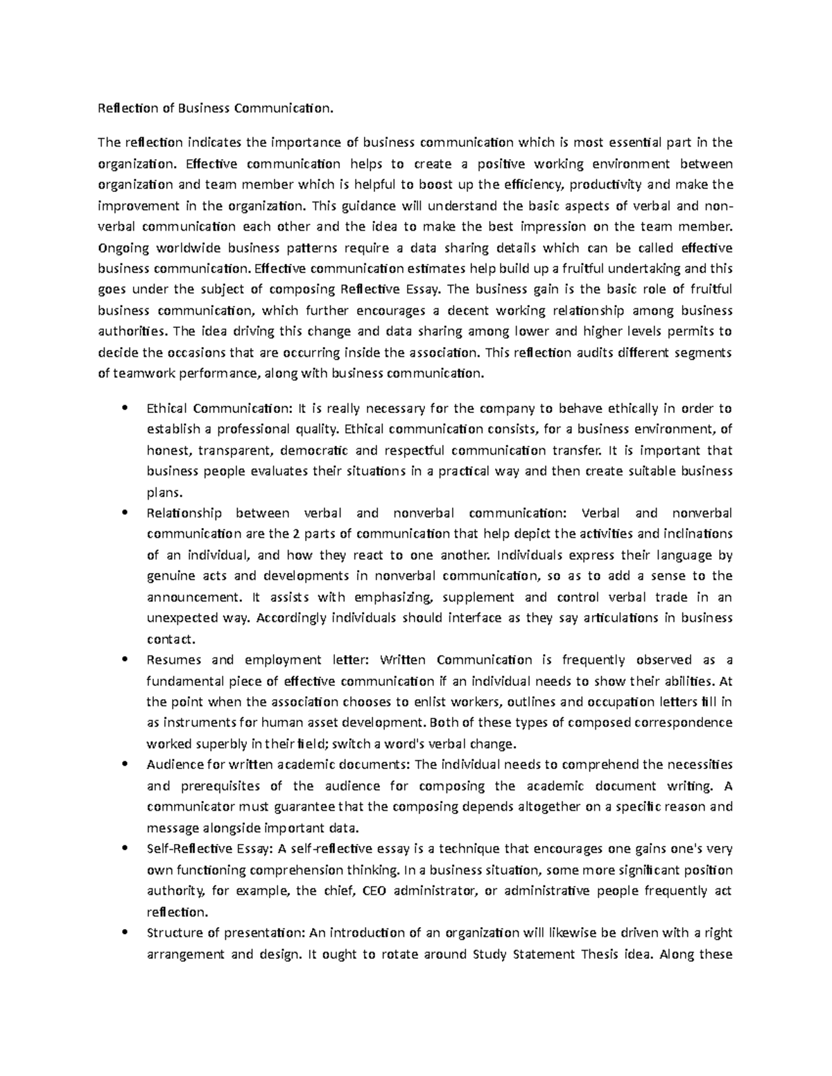 Reflection of Business Communication - The reflection indicates the ...