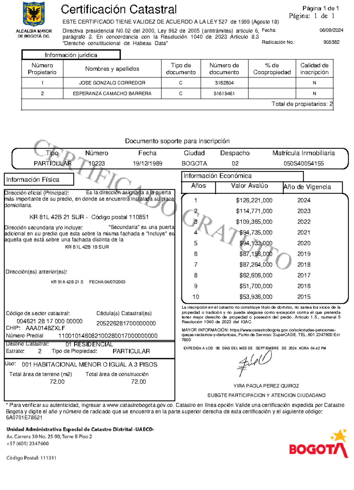 Avaluo Catastral Jaime Ariza - Información Física Información Económica ...