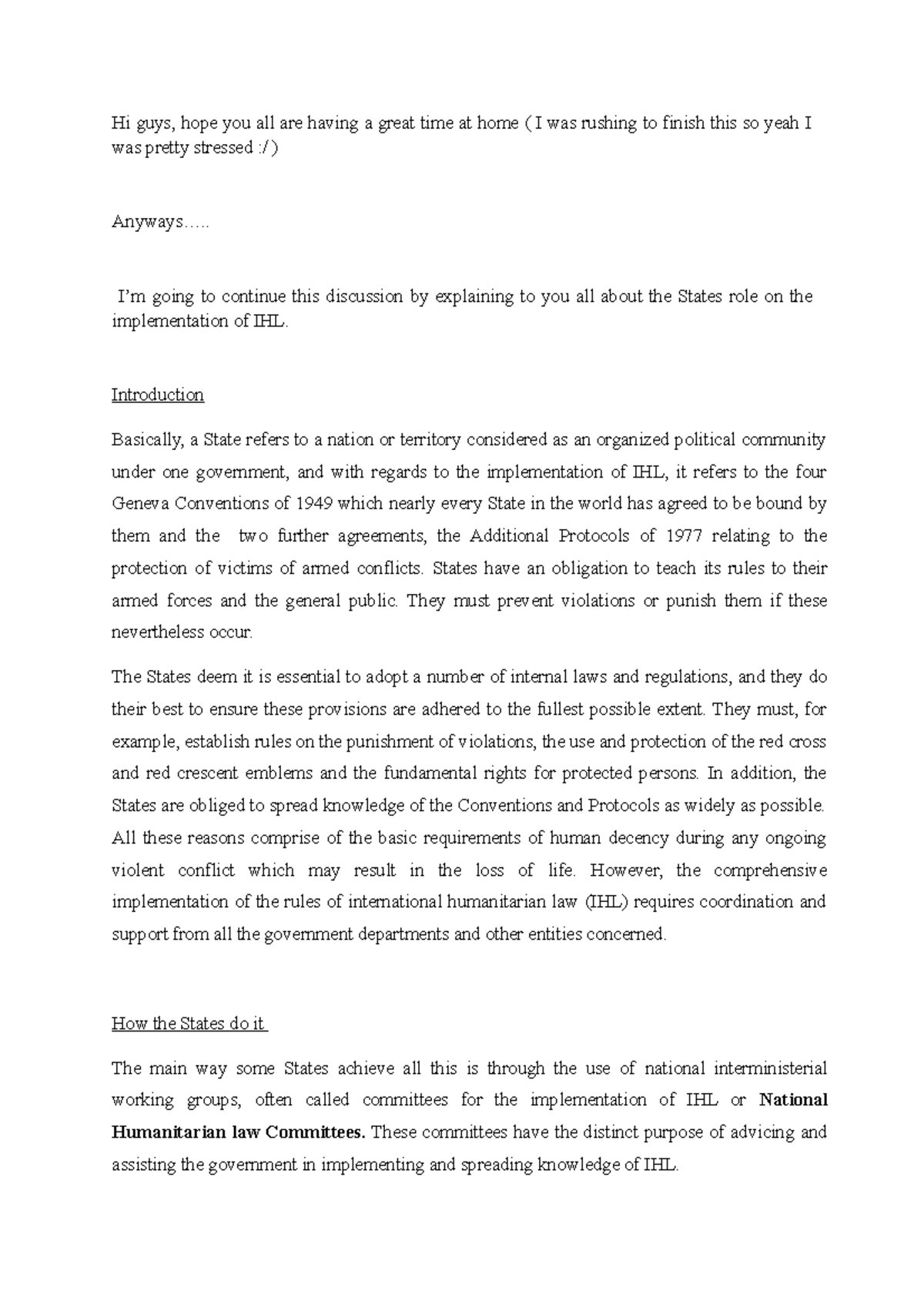 Implementation of IHL by State - Hi guys, hope you all are having a ...