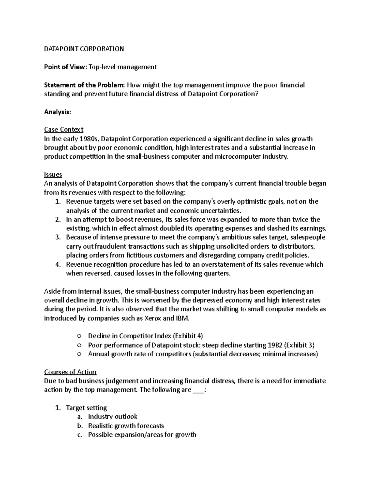 Case 1 Datapoint Corporation - DATAPOINT CORPORATION Point of View ...
