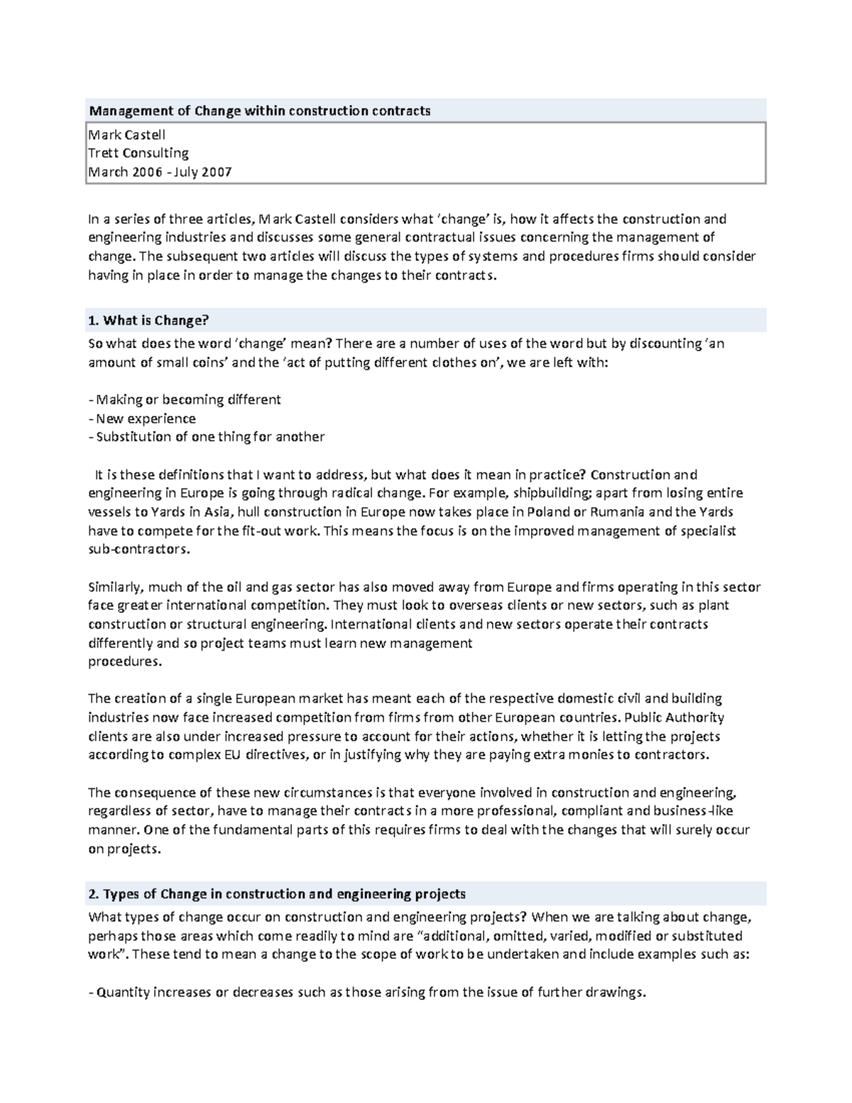 6 Management of Change within construction contracts - The subsequent ...