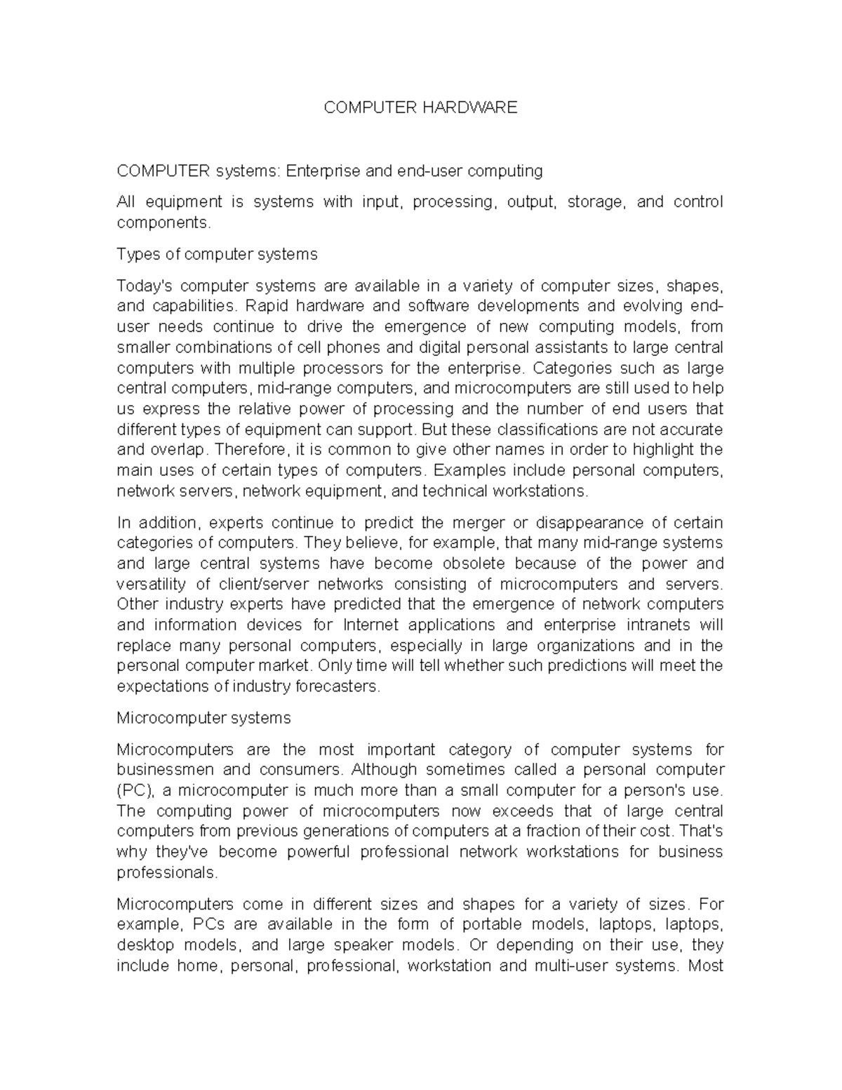 COMPUTER HARDWARE - COMPUTER HARDWARE COMPUTER systems: Enterprise and ...