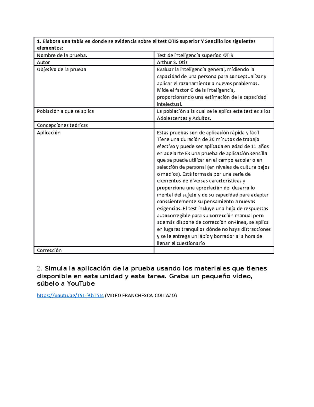 Prueba OTIS - Cuadro de conceptos de Otis - 1. Elabora una tabla en ...