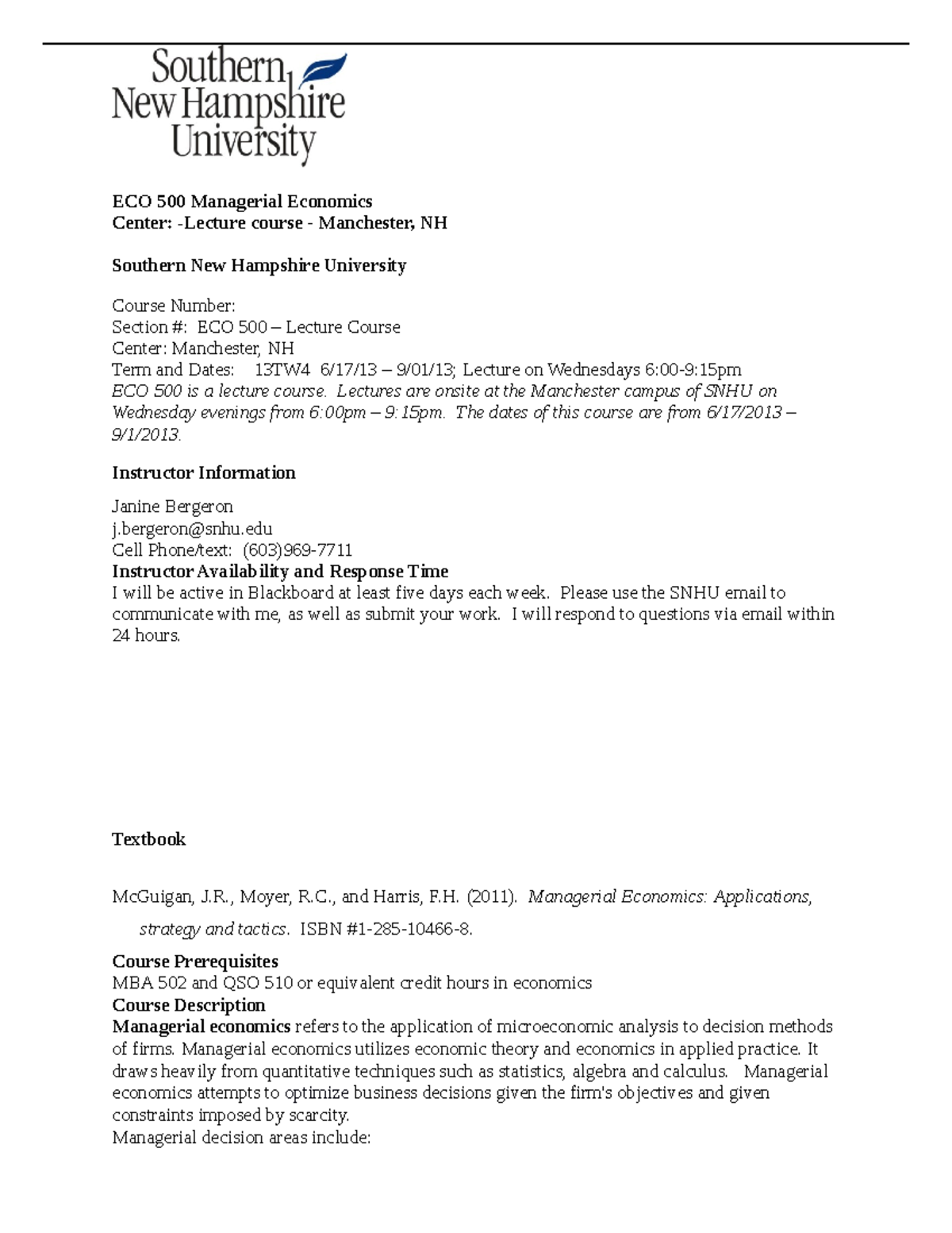 ECO 500 Managerial Economics Syllabus 2013 SNHU - ECO 500 Managerial ...