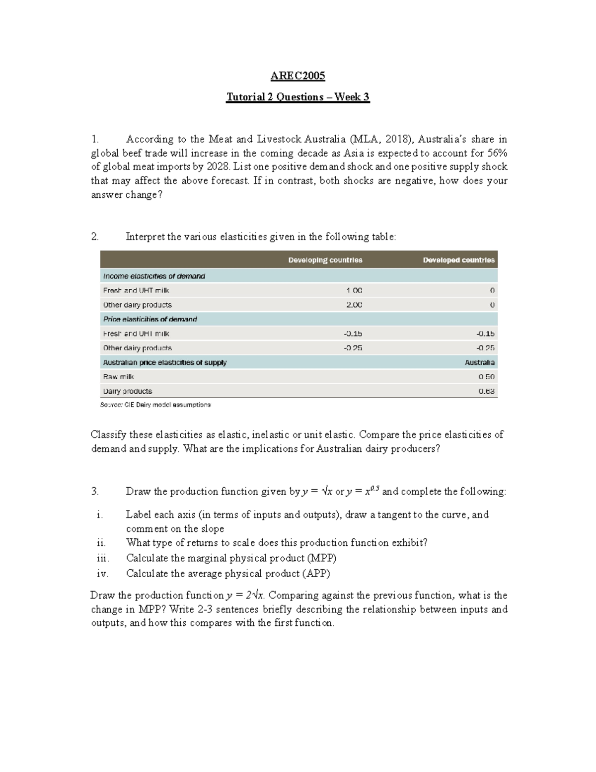 Tutorial 2 - week 3 questions - AREC Tutorial 2 Questions – Week 3 ...