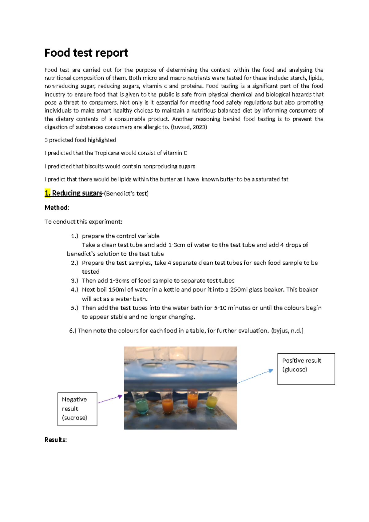 Report - from - Food test report Food test are carried out for the ...