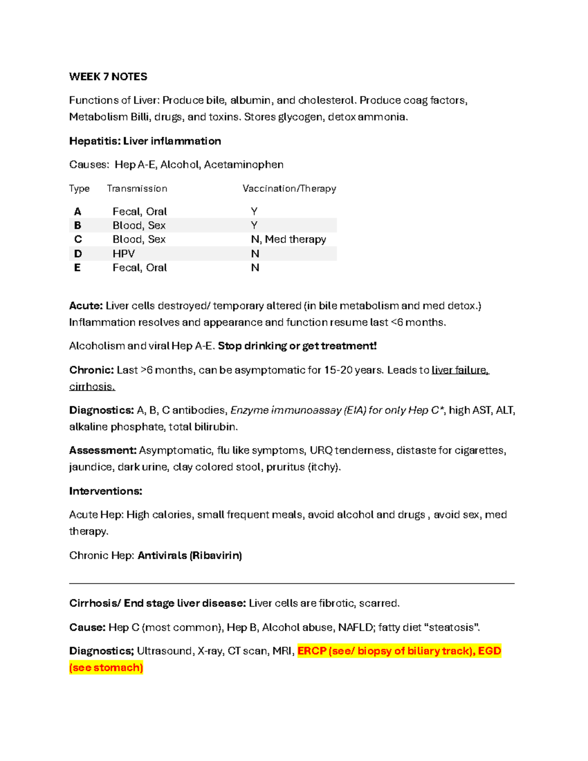 Week 7 - notes - WEEK 7 NOTES Functions of Liver: Produce bile, albumin ...