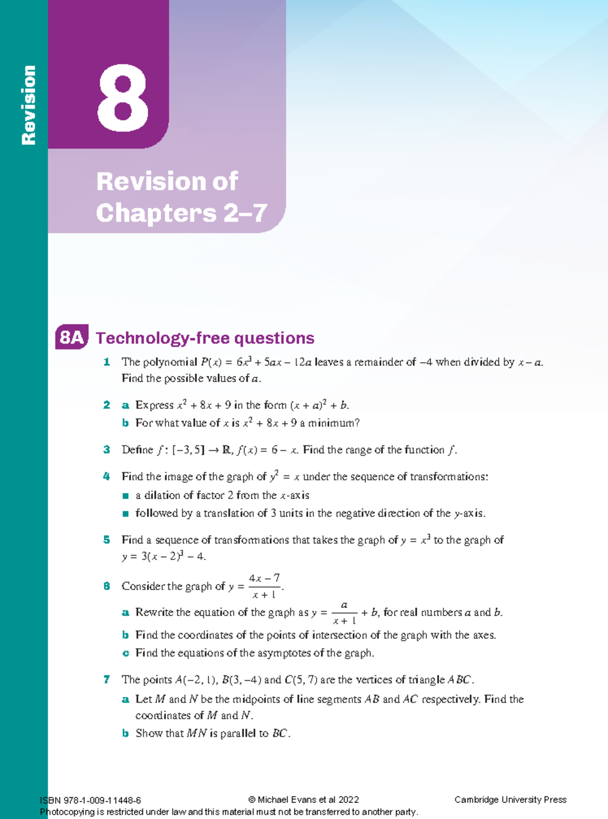 Methods 12 2ed Ch08 - Revision 8 Revision of Chapters 2– 8A Technology-free questions 1 The ...