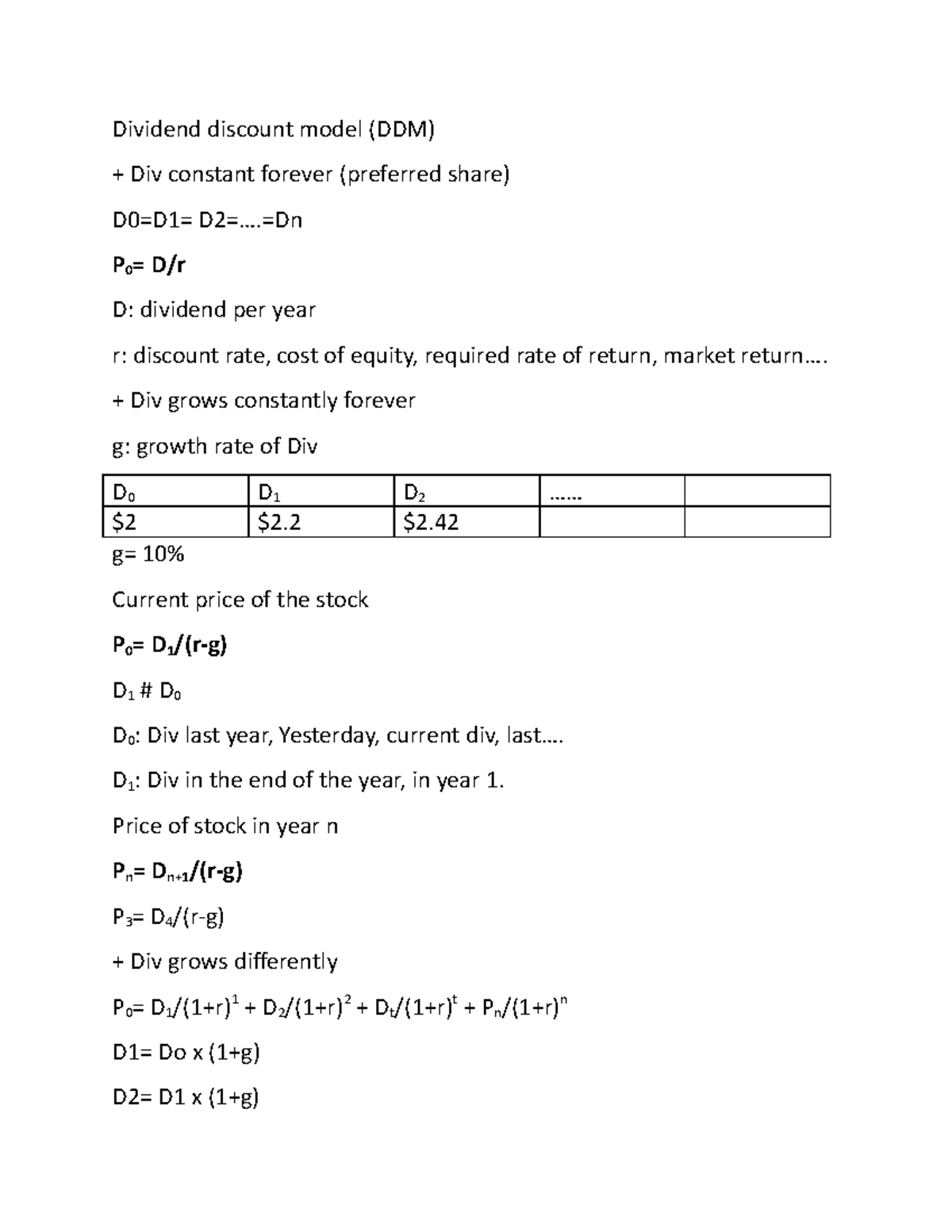 Chapter stock formula - Dividend discount model (DDM) Div constant ...