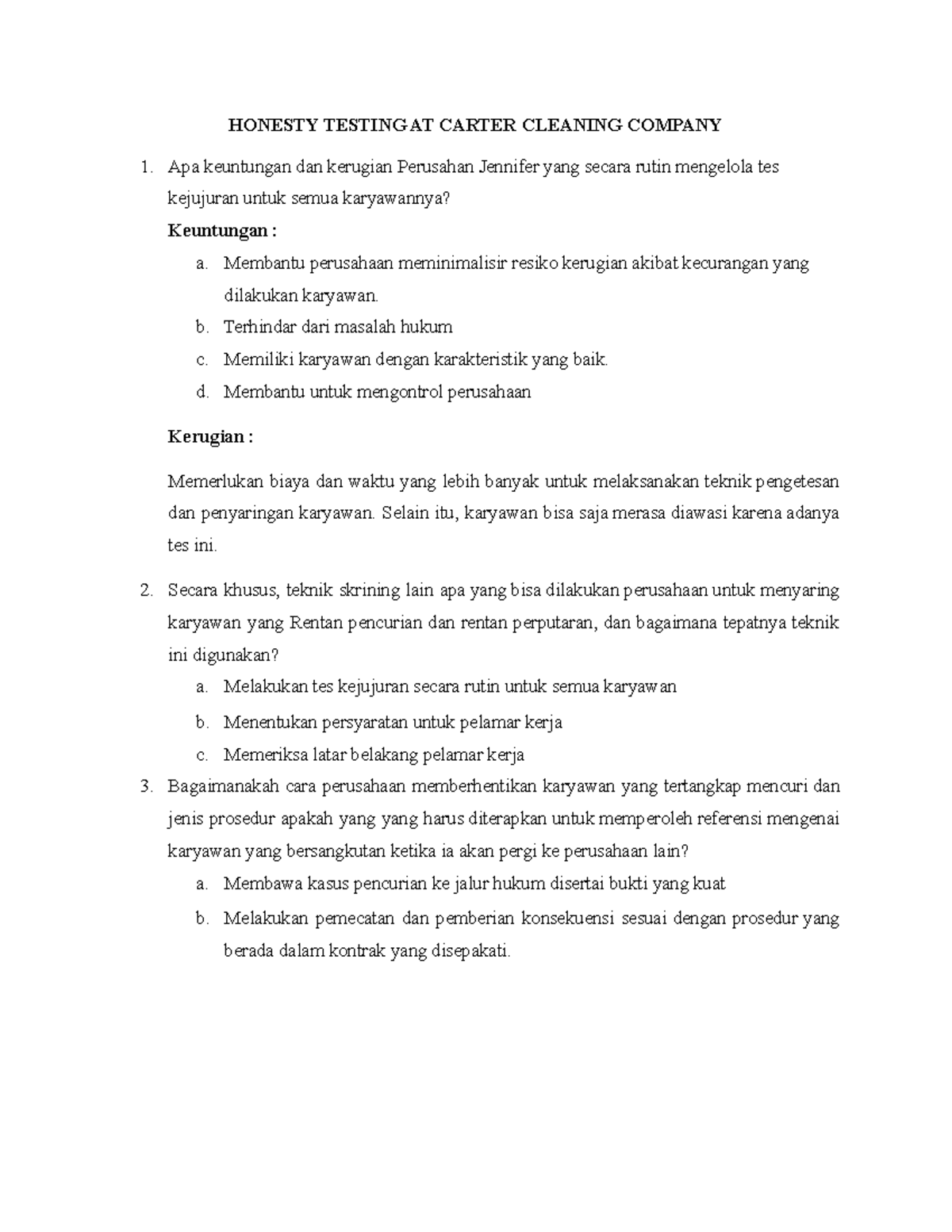 Kasus Honesty Testing AT Carter Cleaning Company - HONESTY TESTING AT ...