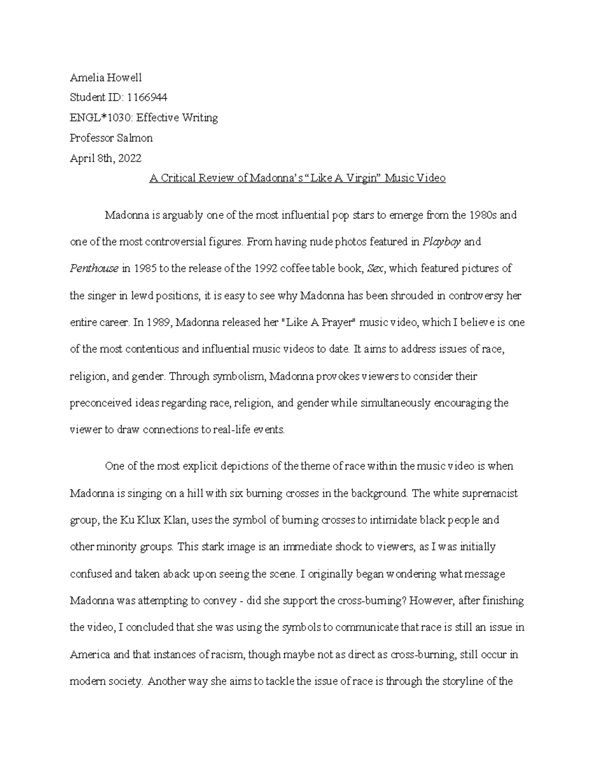 Like A Prayer Critical Review - Amelia Howell Student ID: 1166944 ENGL ...