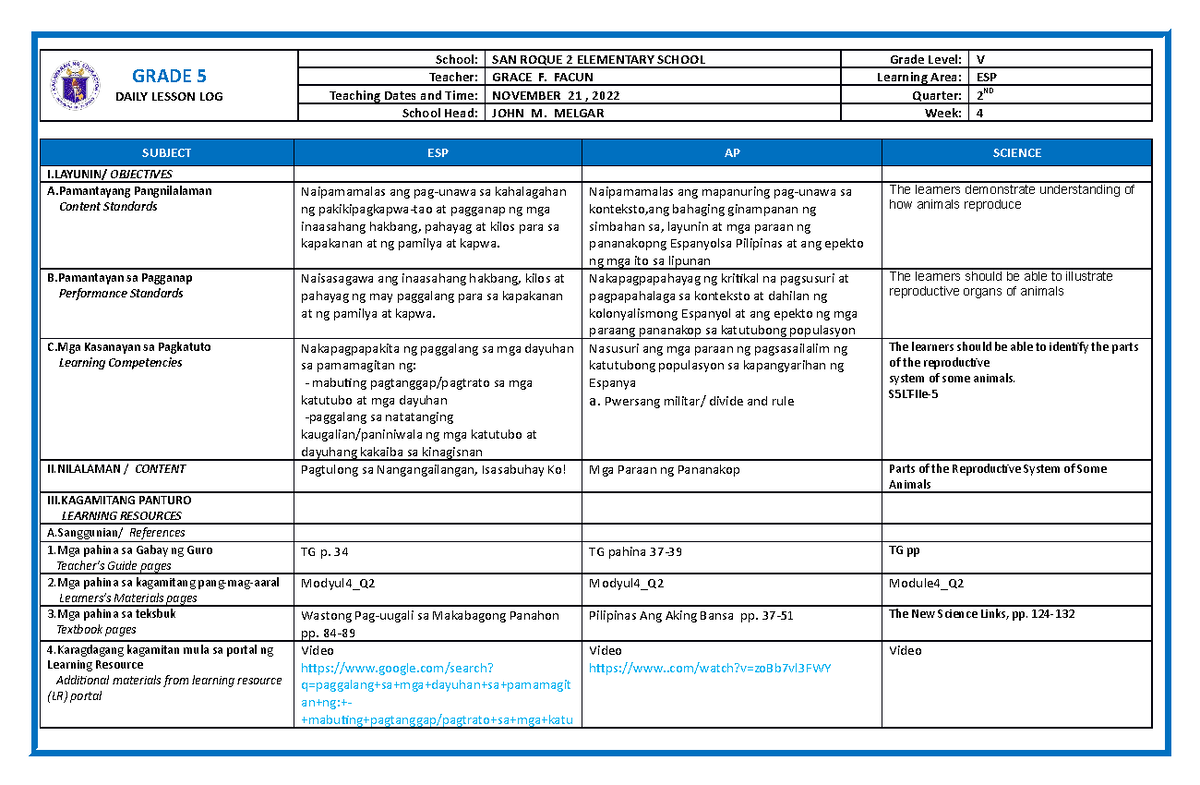 ESP-AP- Science 5 DLL Q2 W4- Day 1 - GRADE 5 DAILY LESSON LOG School ...