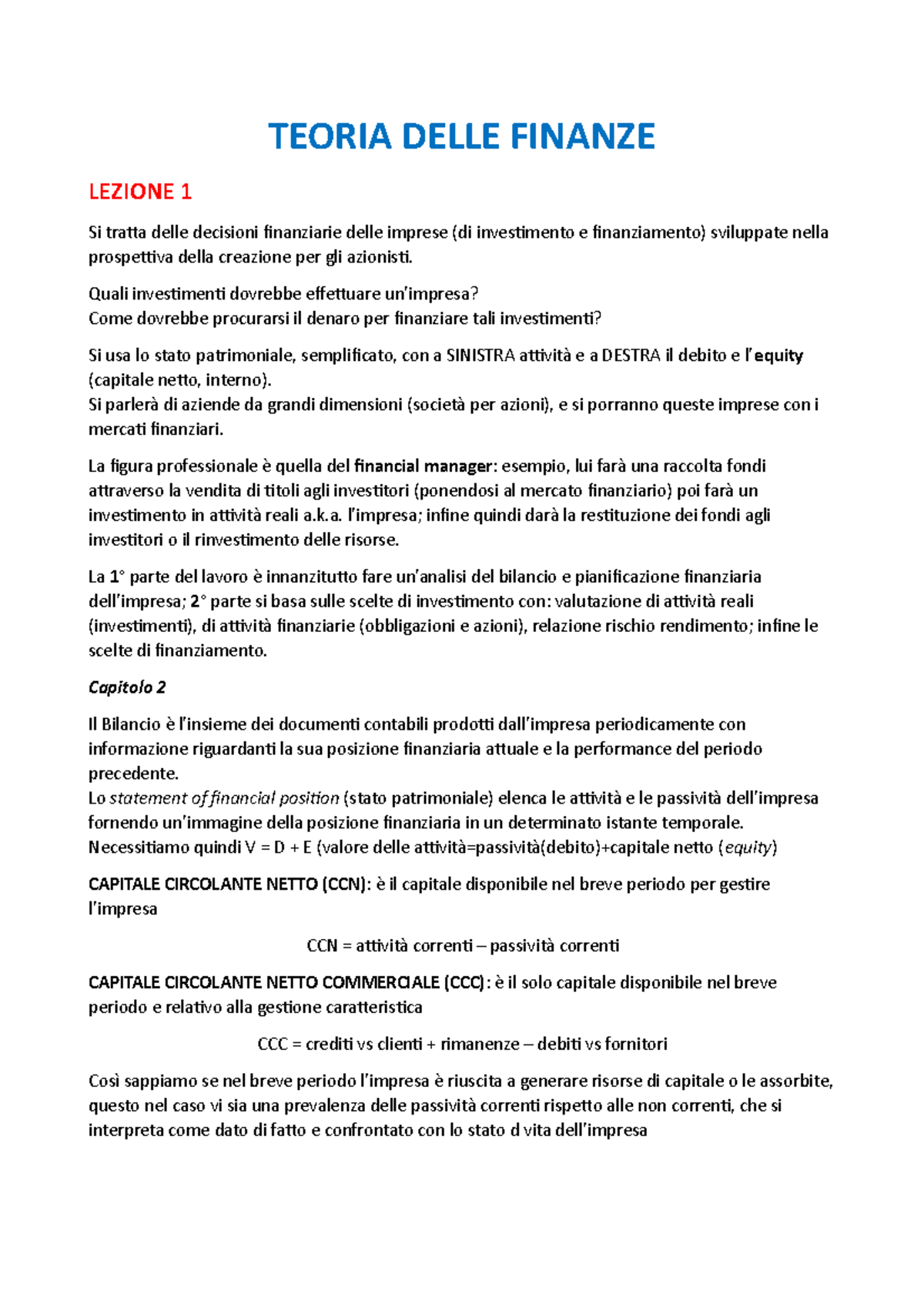 Teoria delle Finanze - Appunti lezioni e slide per parte pratica esame ...
