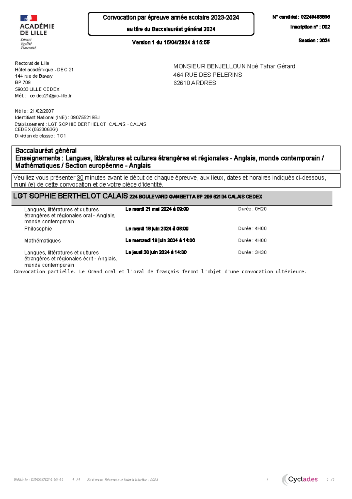 224948589600002 Convocation par epreuve V1 20240415 - Edité le : 03/05/2024 15:41 1 /1 Référence ...