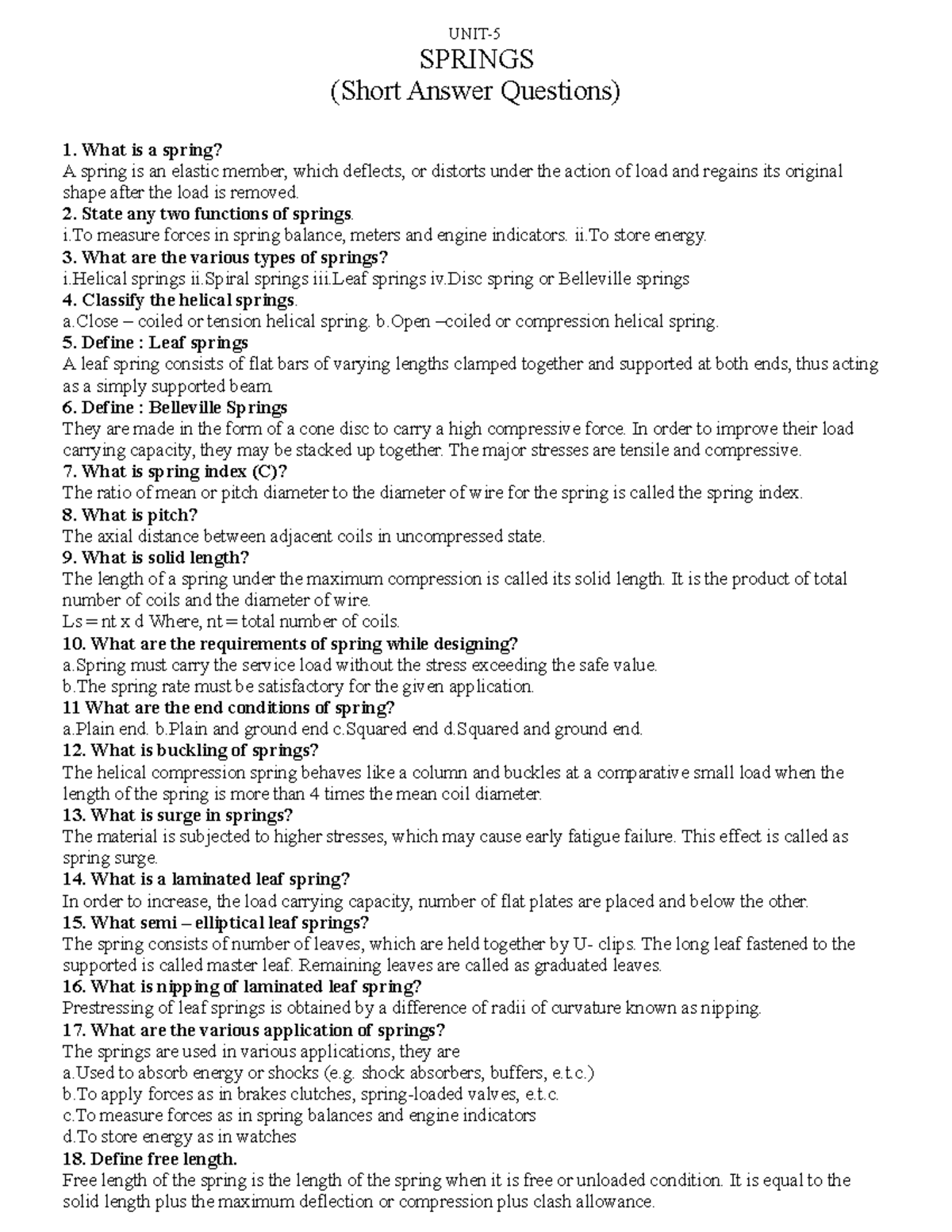 DOC-2018 1014-WA0028 - UNIT- SPRINGS (Short Answer Questions) 1. What ...