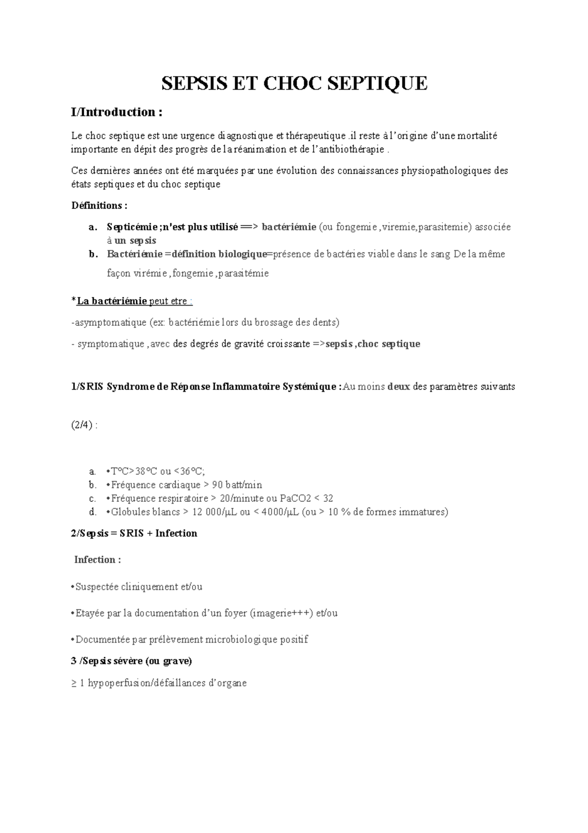 etat de choc septique - SEPSIS ET CHOC SEPTIQUE I/Introduction : Le ...