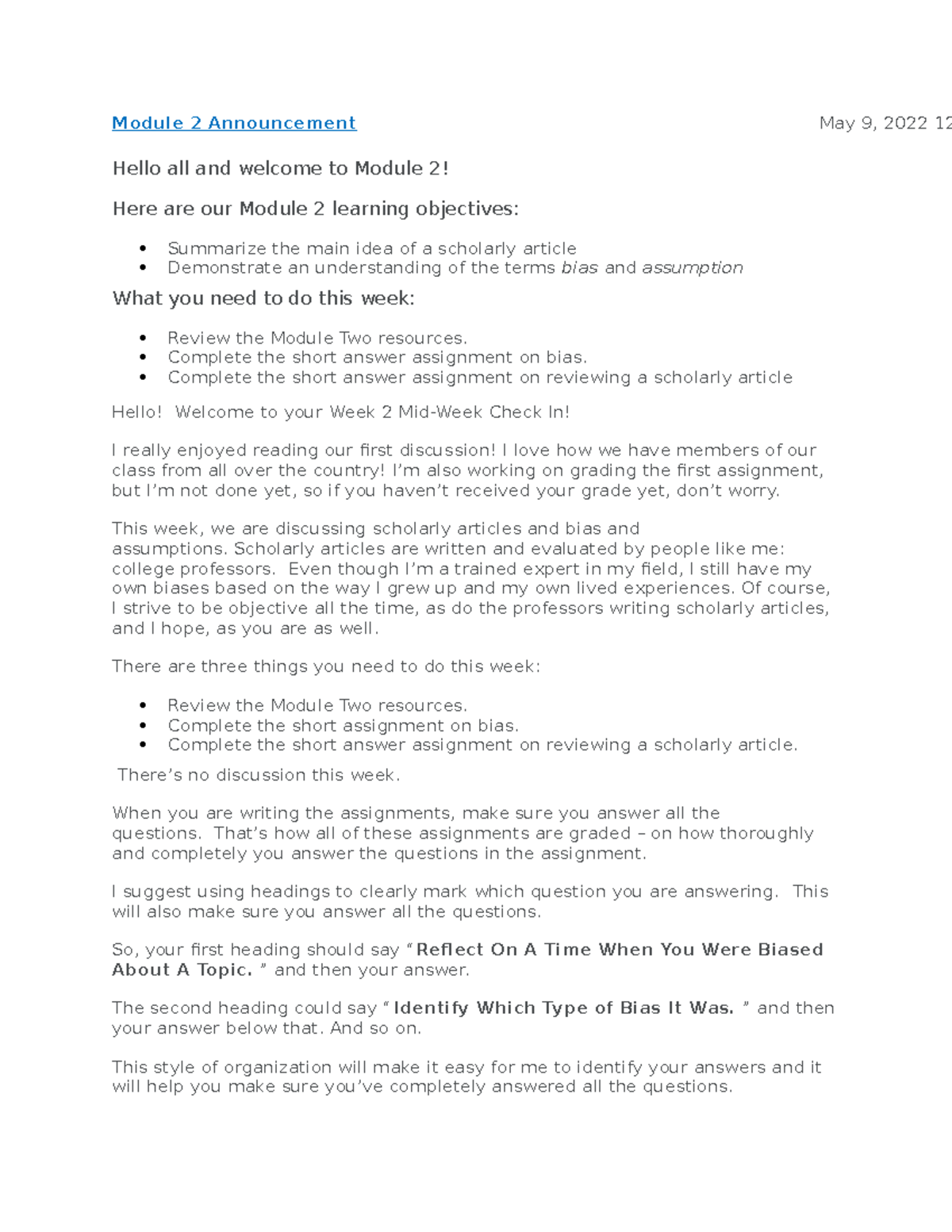 Document - Not sure - Module 2 Announcement May 9, 2022 12 Hello all ...