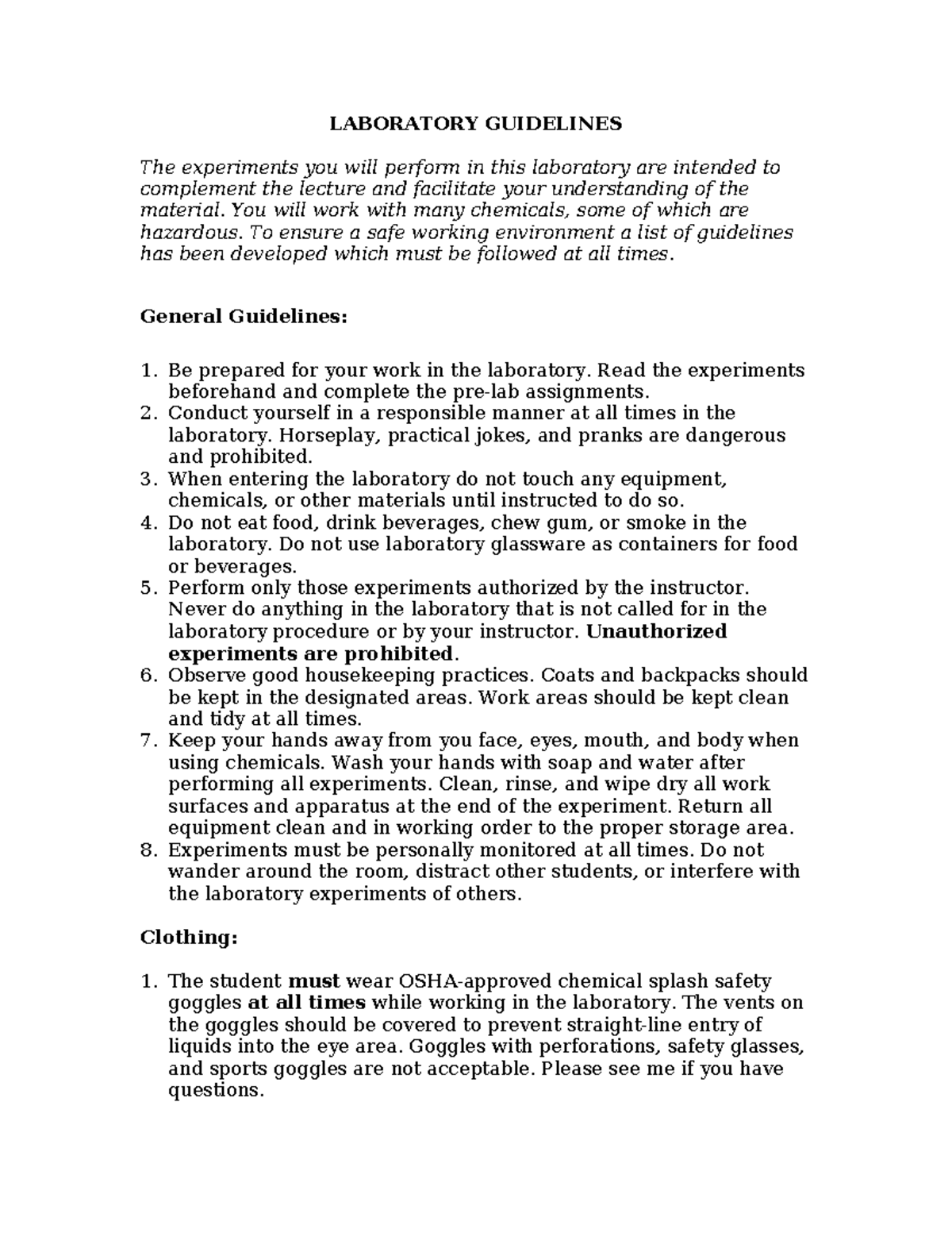 Laboratory Guidelines - LABORATORY GUIDELINES The experiments you will ...