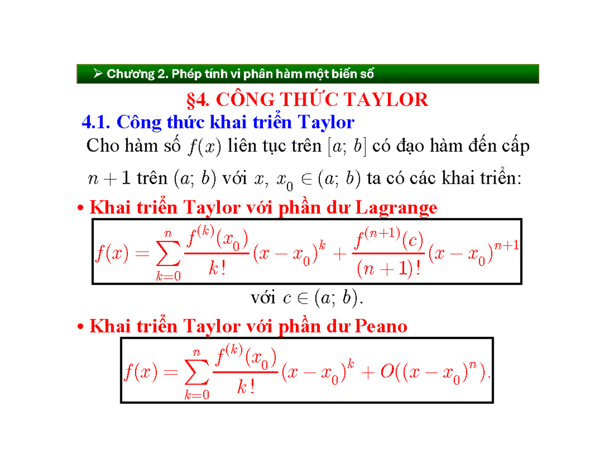 Bổ sung khai triển Taylo - §4. CÔNG THỨC TAYLOR 4. Công thức khai triển ...