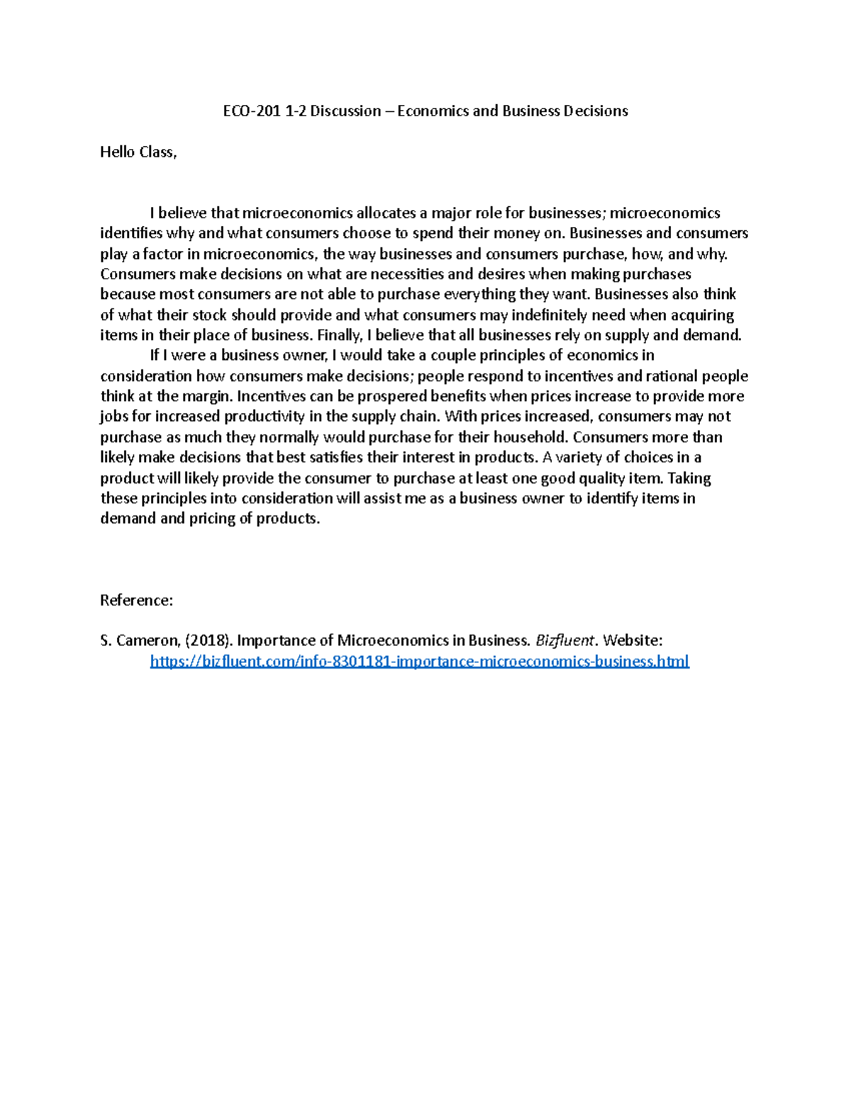 ECO-201 1-2 Discussion - Economics and Business Decisions - Businesses ...