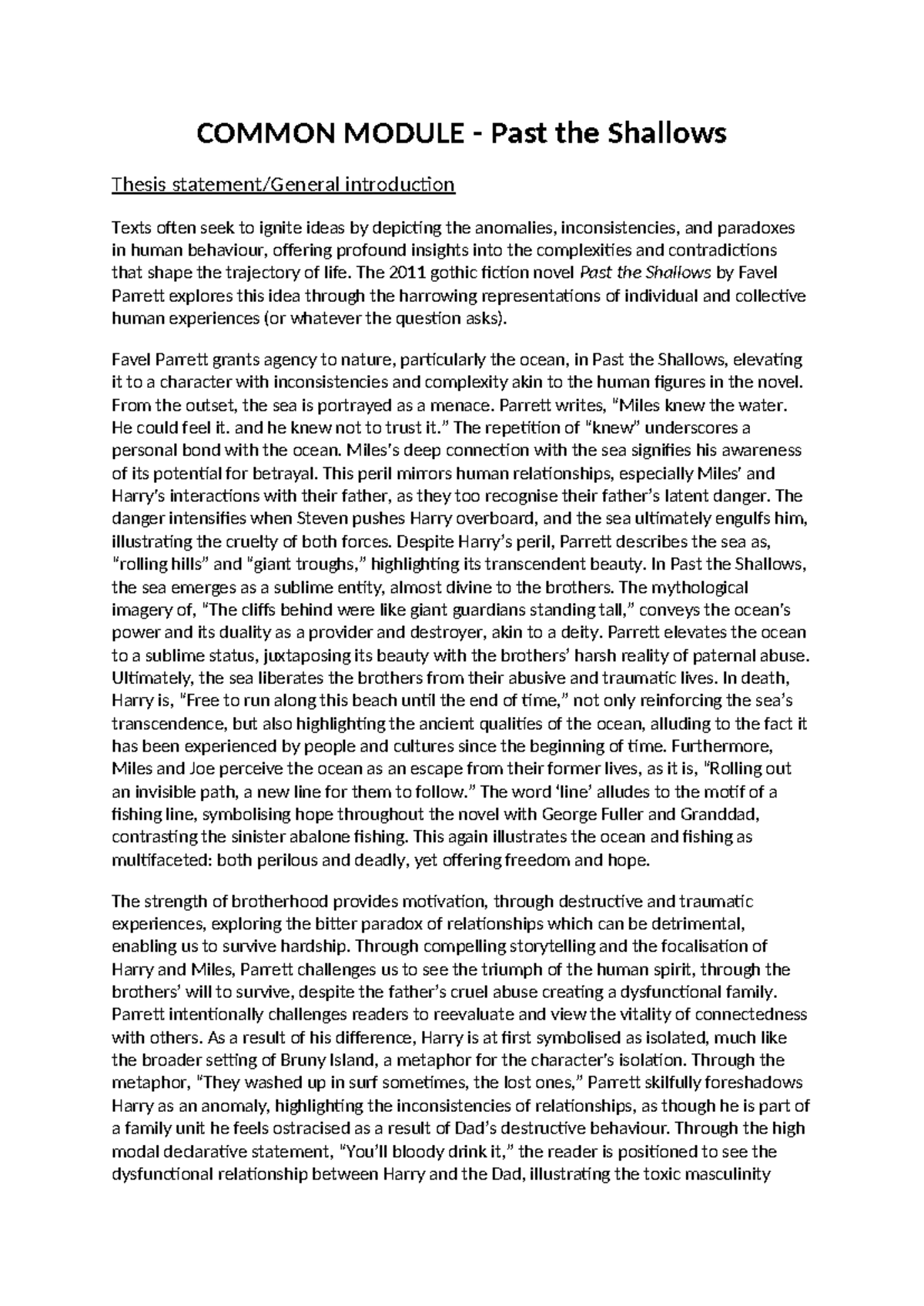 Common Module PTS Essay - COMMON MODULE - Past the Shallows Thesis ...