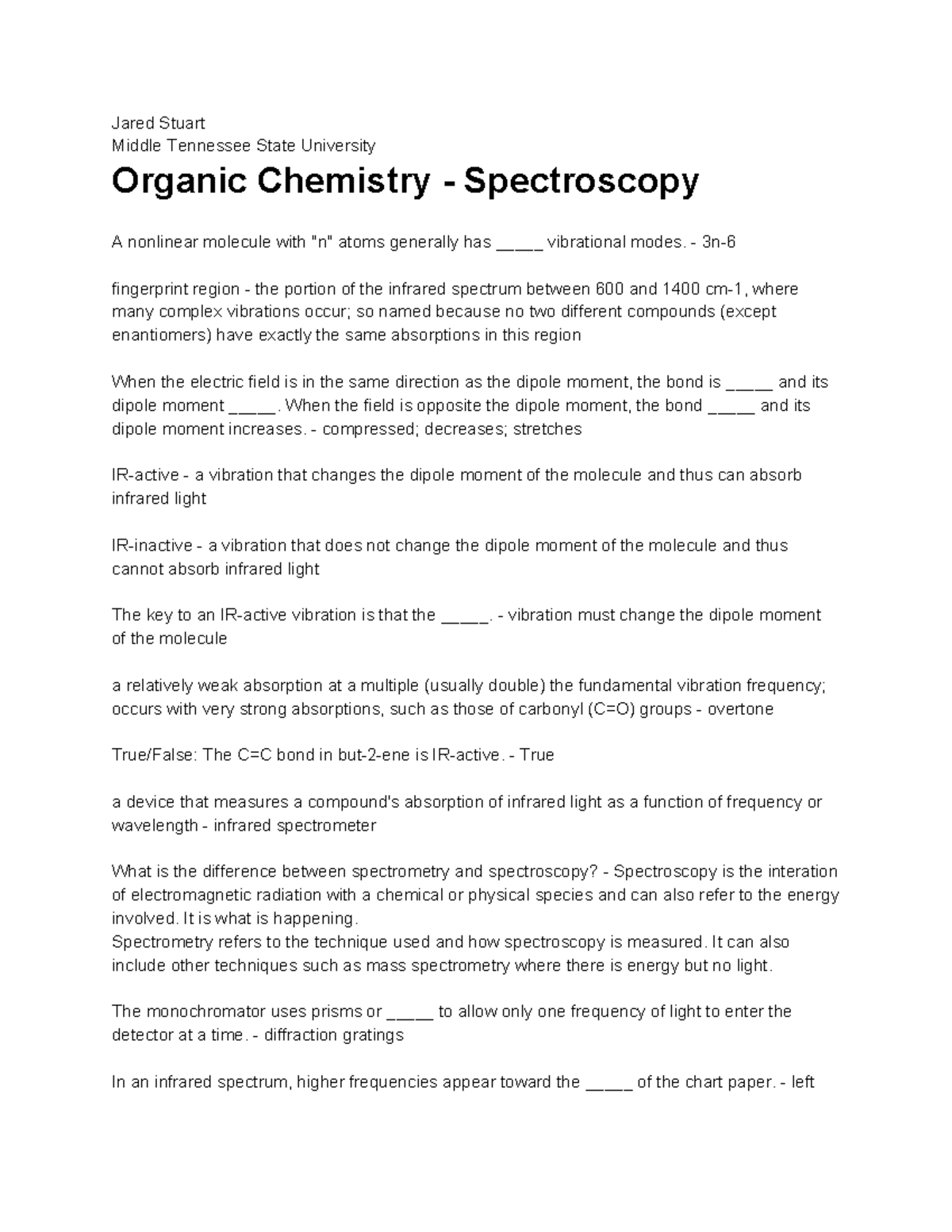 Organic Spectroscopy lecture notes - Jared Stuart Middle Tennessee ...