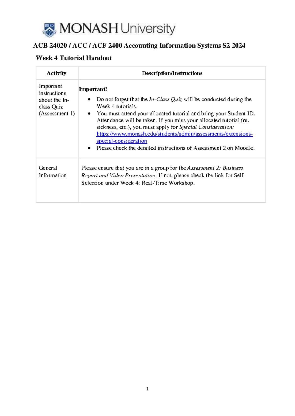 Tutorial 4 Handout S2 2024 - 1 ACB 24020 / ACC / ACF 2400 Accounting ...