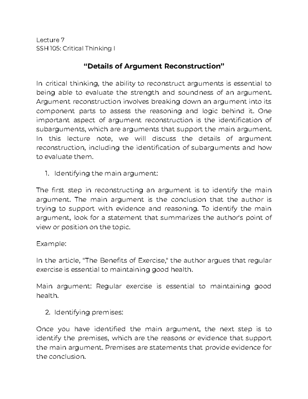 Lecture 7 SSH 105 Critical Thinking I - Argument reconstruction ...
