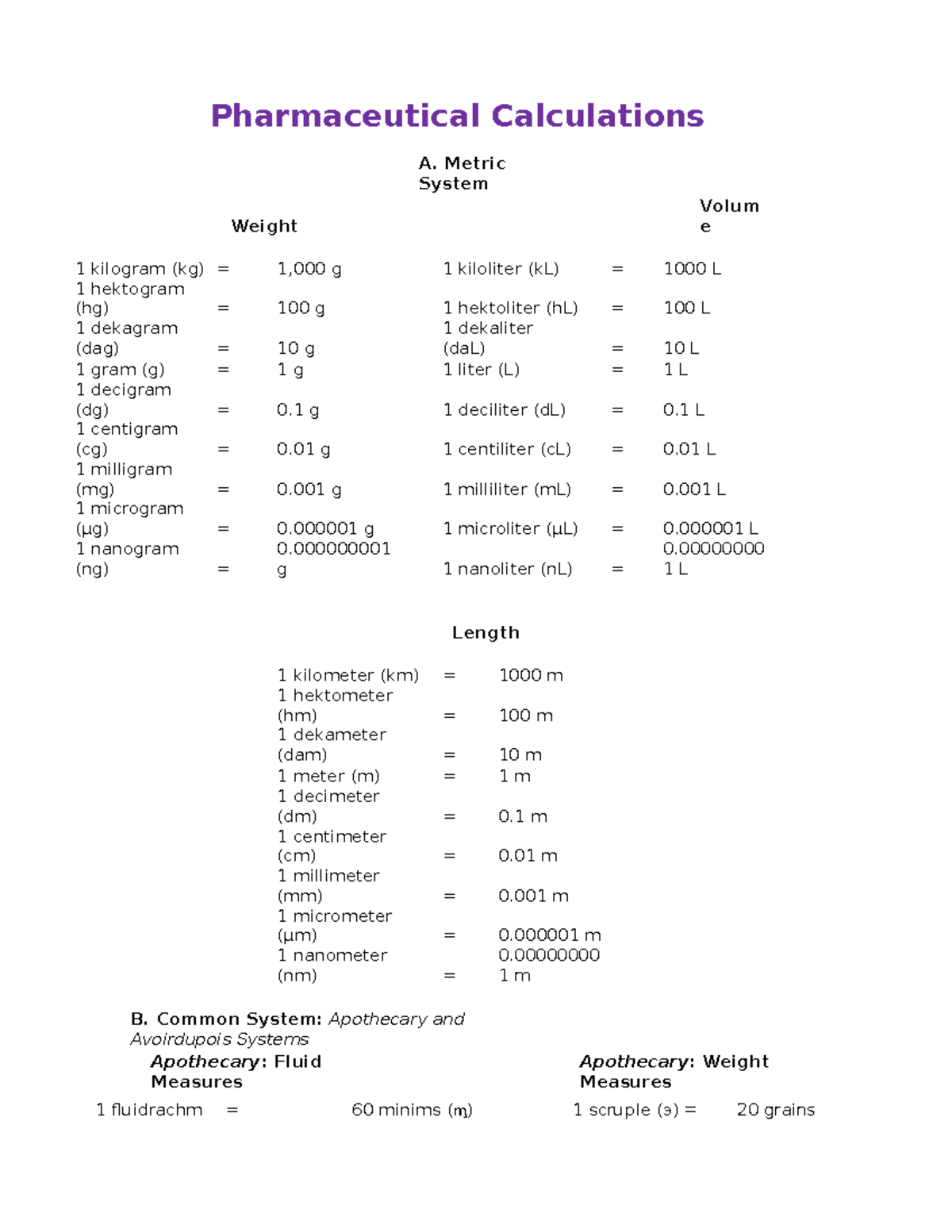 Pharmaceutical Calculation Notes Pharmaceutical Calculations A
