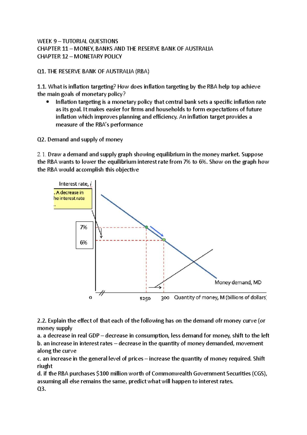 WEEK 9 - WEEK 9 – TUTORIAL QUESTIONS CHAPTER 11 – MONEY, BANKS AND THE ...